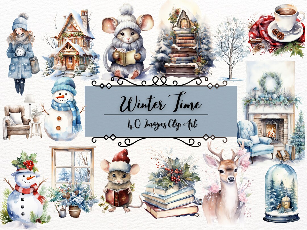 Winter Time Watercolor Clipart|scrapbooking Series|40 PNG Images Bundle ...