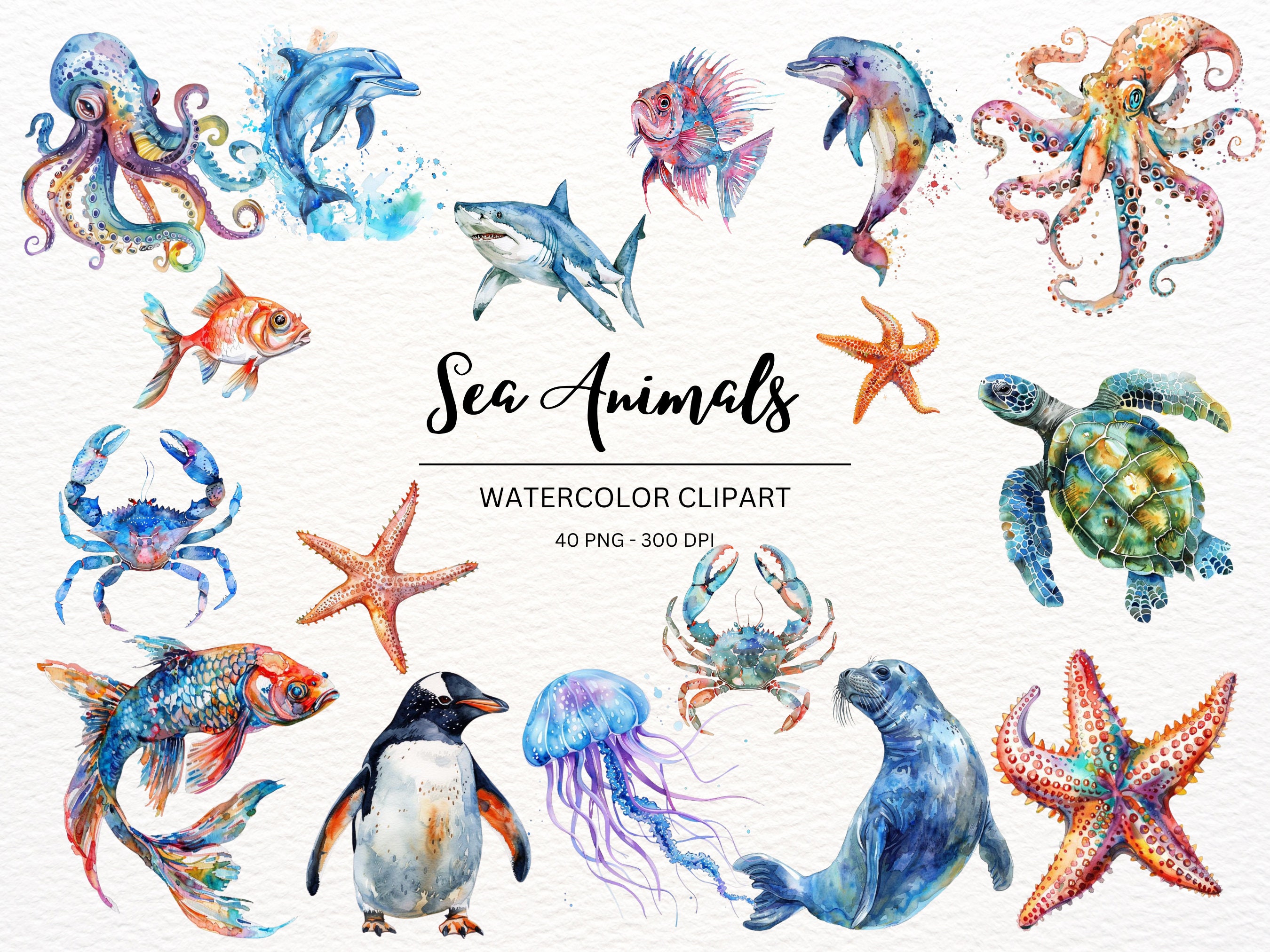 Watercolor Sea Animals Clipart Octopus, Penguin, Turtle, Clownfish ...