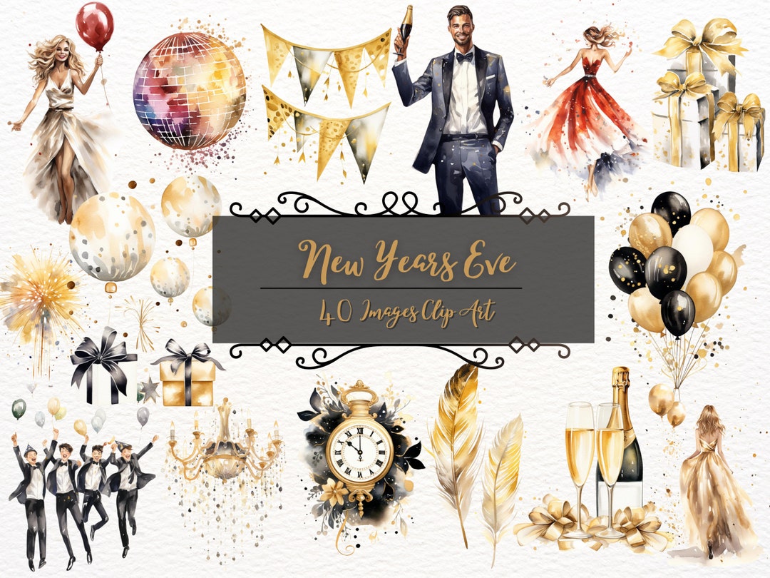 New Years Eve Party Clipart|40 PNG Images|new Years Watercolor Bundle ...