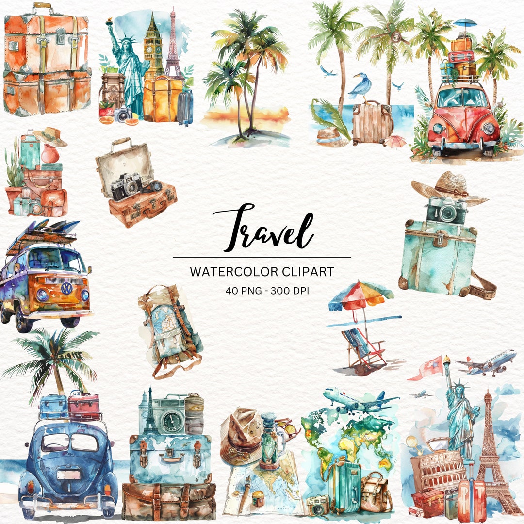 40 Watercolor Travel Clipart | Vacation Holiday Graphics|suitcase ...