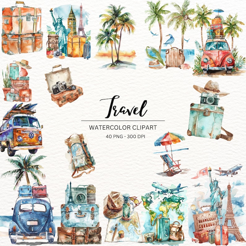 Watercolor Travel Clipart | Vacation Graphics, Landmarks (instant ...