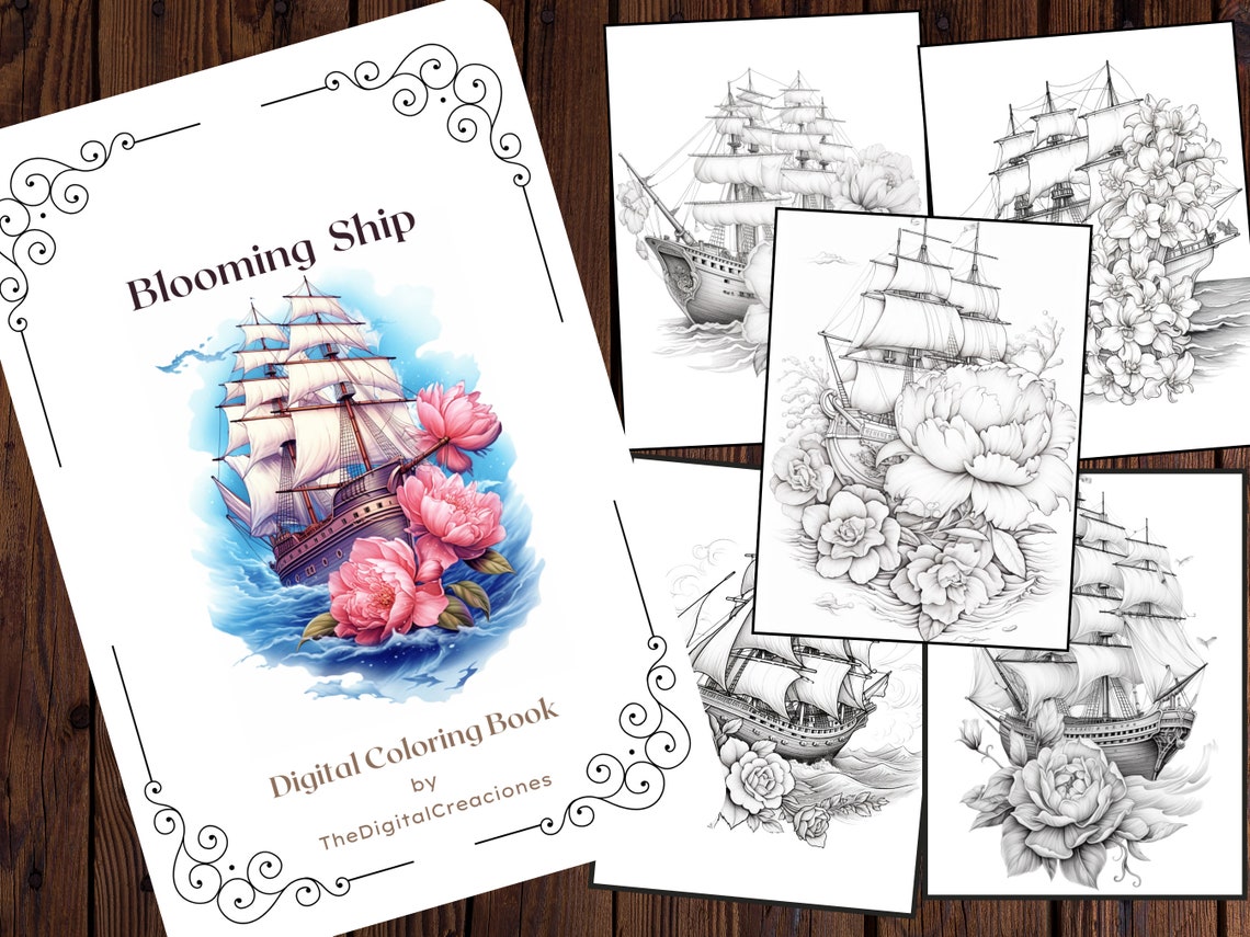 25 Blooming Ship Coloring Book |flower Ships Coloring Page|adults ...
