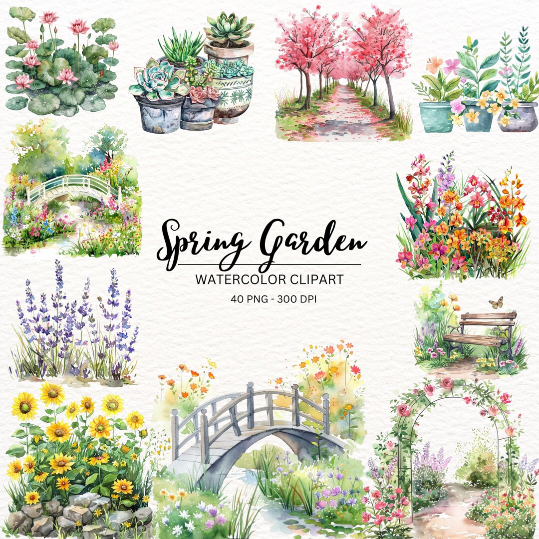 40 Watercolor Spring Gardens Clipart|spring Garden Illustrations ...
