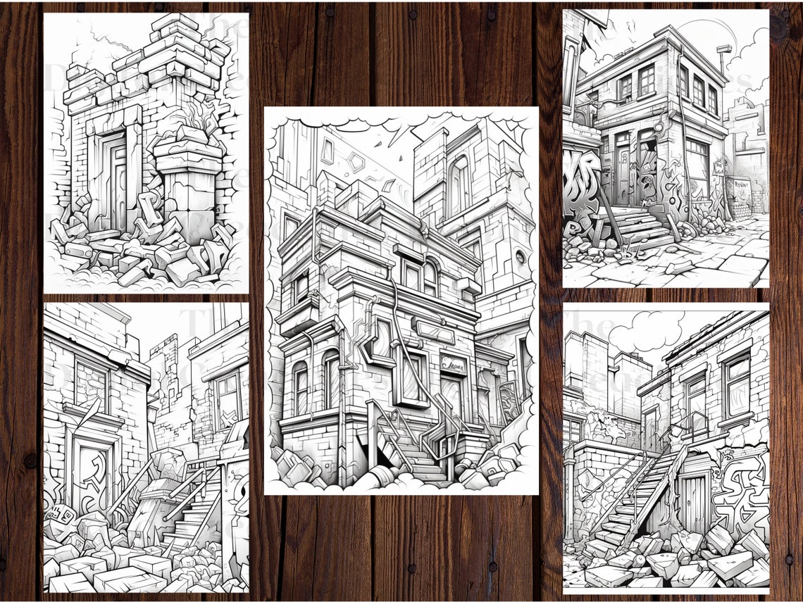 25 City Ruins Coloring Book | Cafe Scenes Coloring Pages| Street ...
