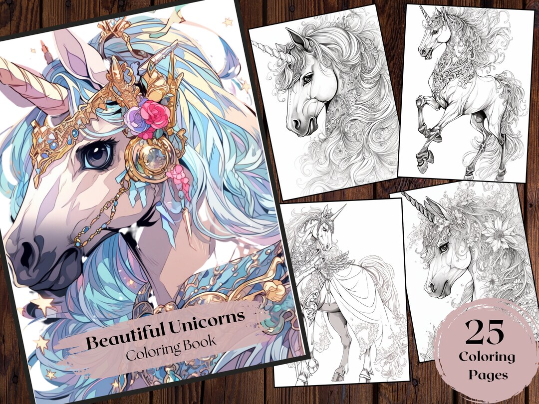 25 Beautiful Unicorns Fantasy Coloring Page Book| Adults + Kids ...
