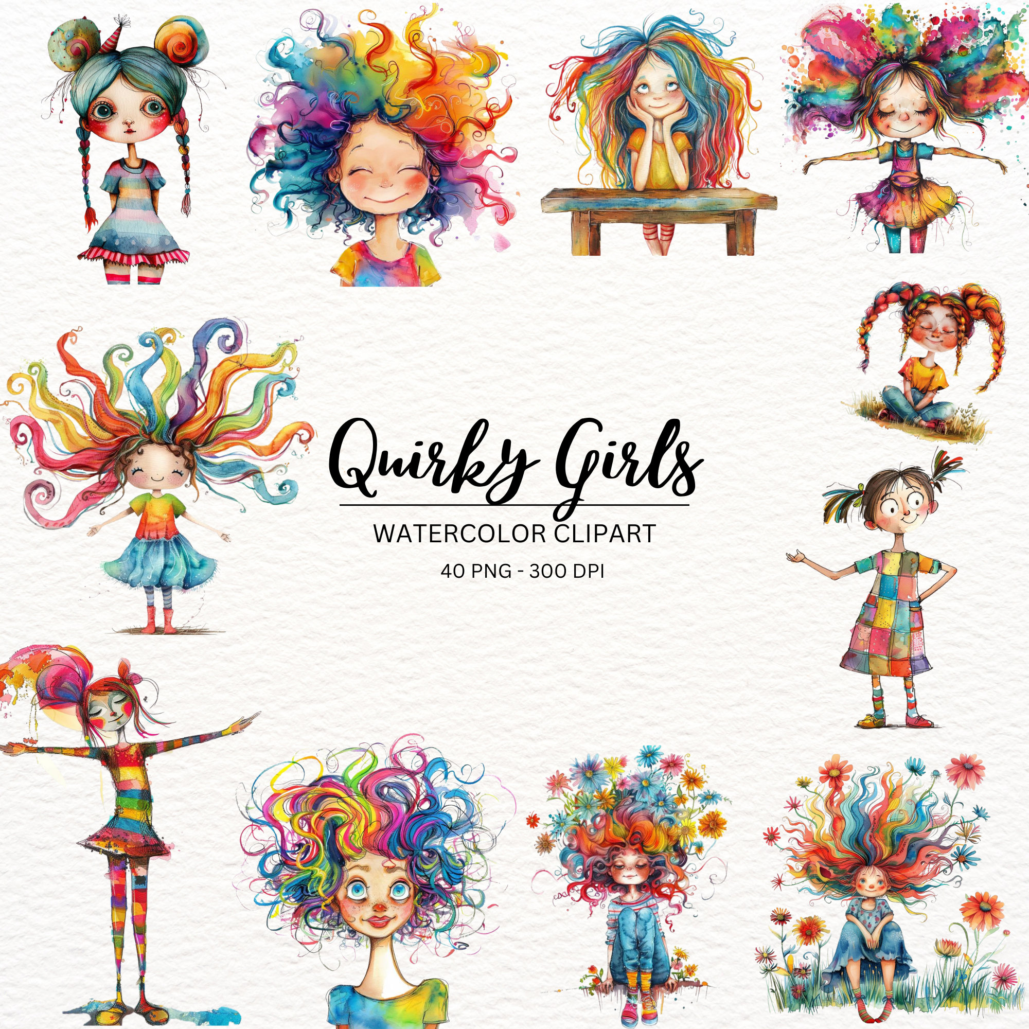 40 Quirky Girl Clipart Commercial Use Whimsical Ephemerawatercolor Pngs ...