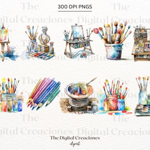 Watercolor Art Supplies Clipart | Painter Graphics (digital Download ...