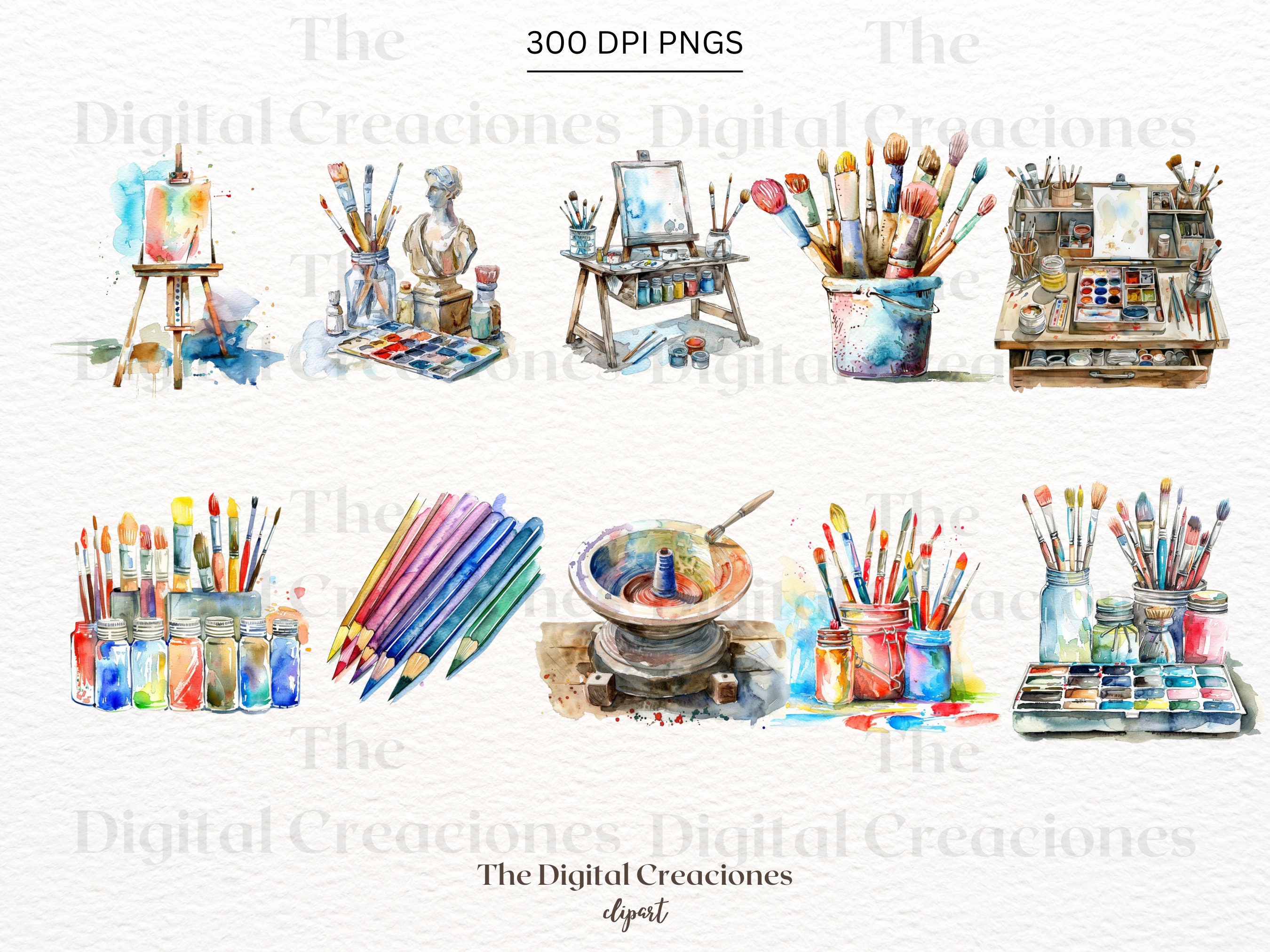 Art Supplies Watercolor Clipart Bundle40 PNG Artist Supplies ...