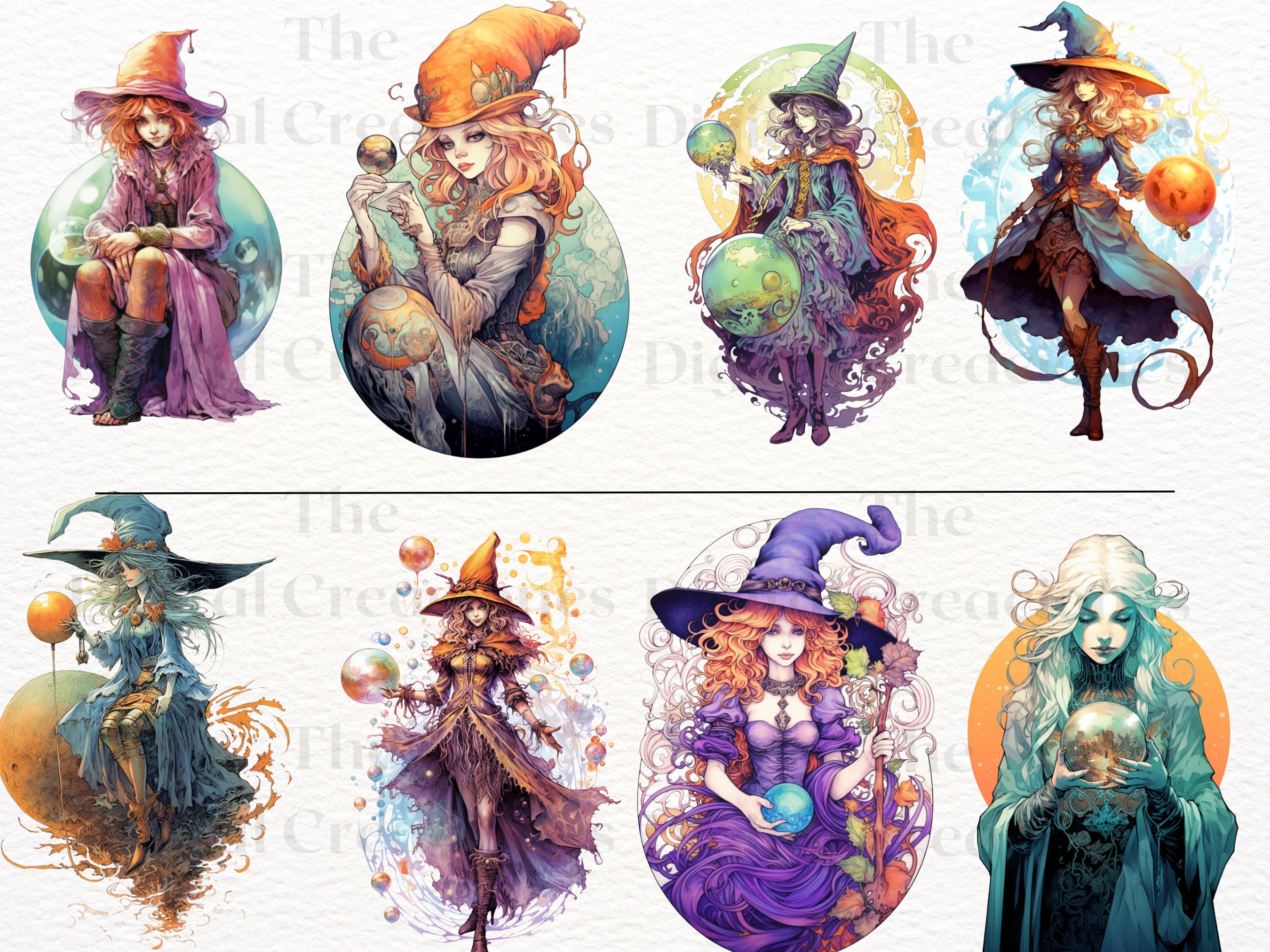 Witch Clipart Bundle| Moon Witches Watercolor Clipart Bundle|40 PNG ...