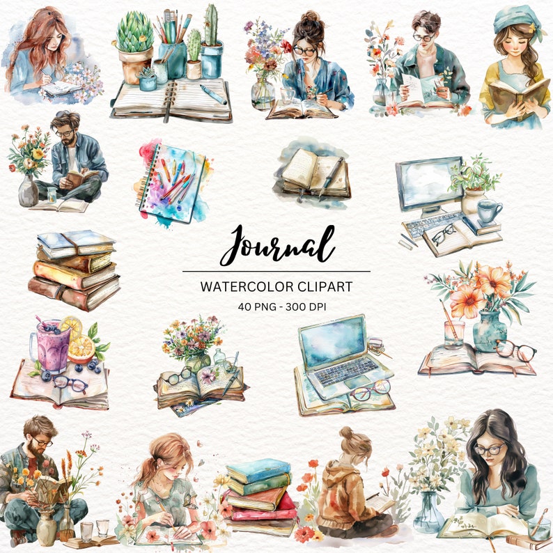Journals Watercolor Clipart Bundle40 PNG Planner Imagesartistic ...