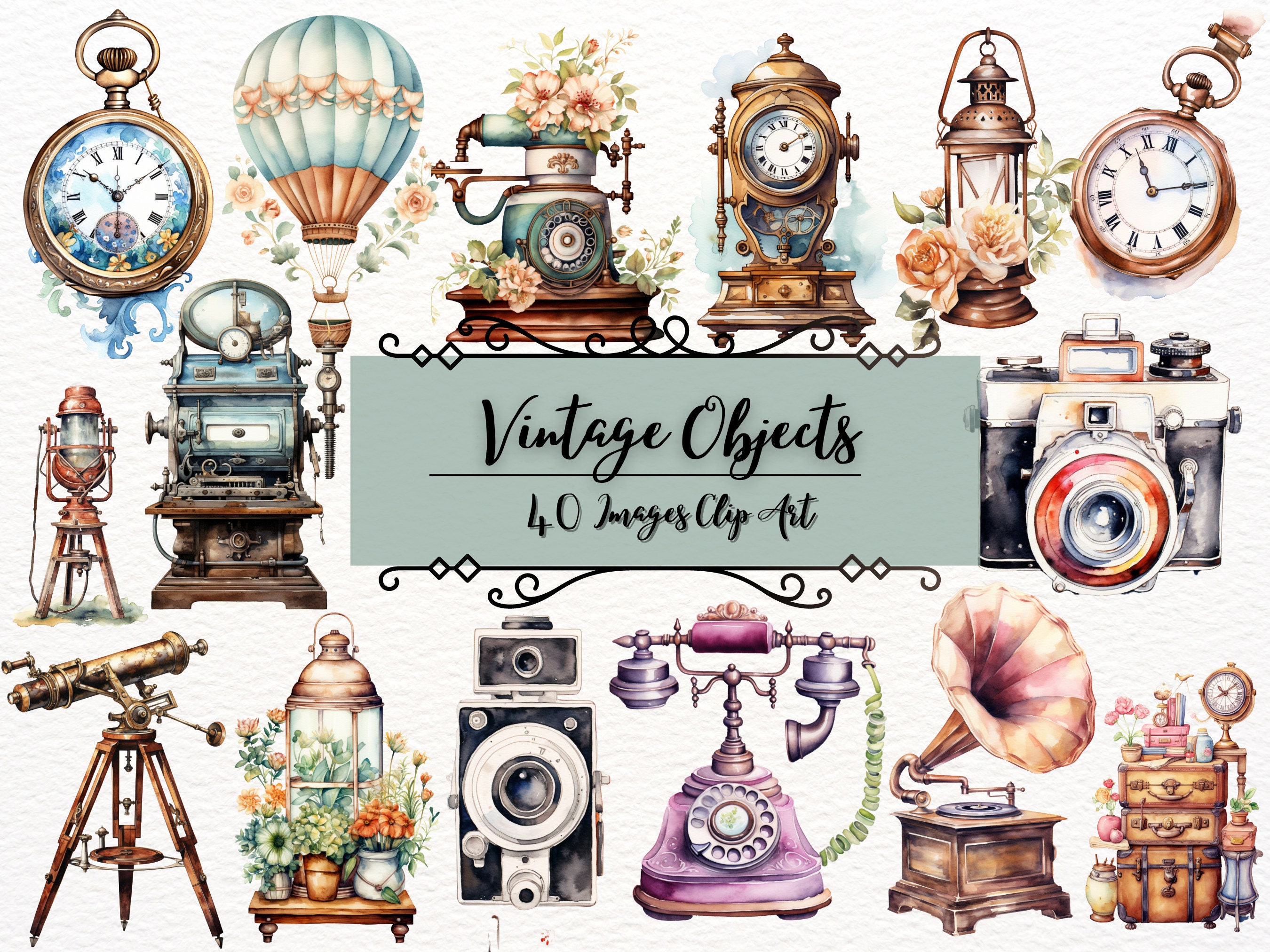 Vintage Objects Clipart | Vintage Decor and Overlays| Antique Objects ...