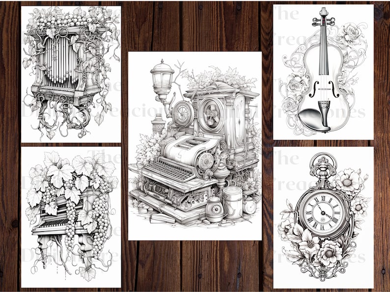 Vintage Objects Coloring Book | Blooming Antiques, Floral Designs ...