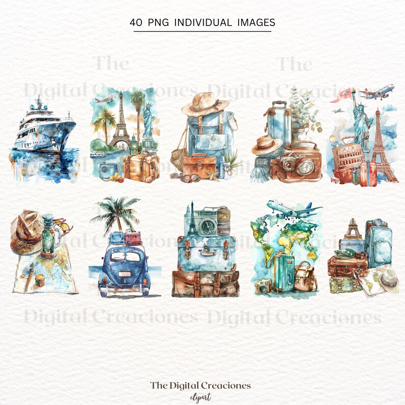 40 Watercolor Travel Clipart Vacation Holiday Graphicssuitcase Luggage ...