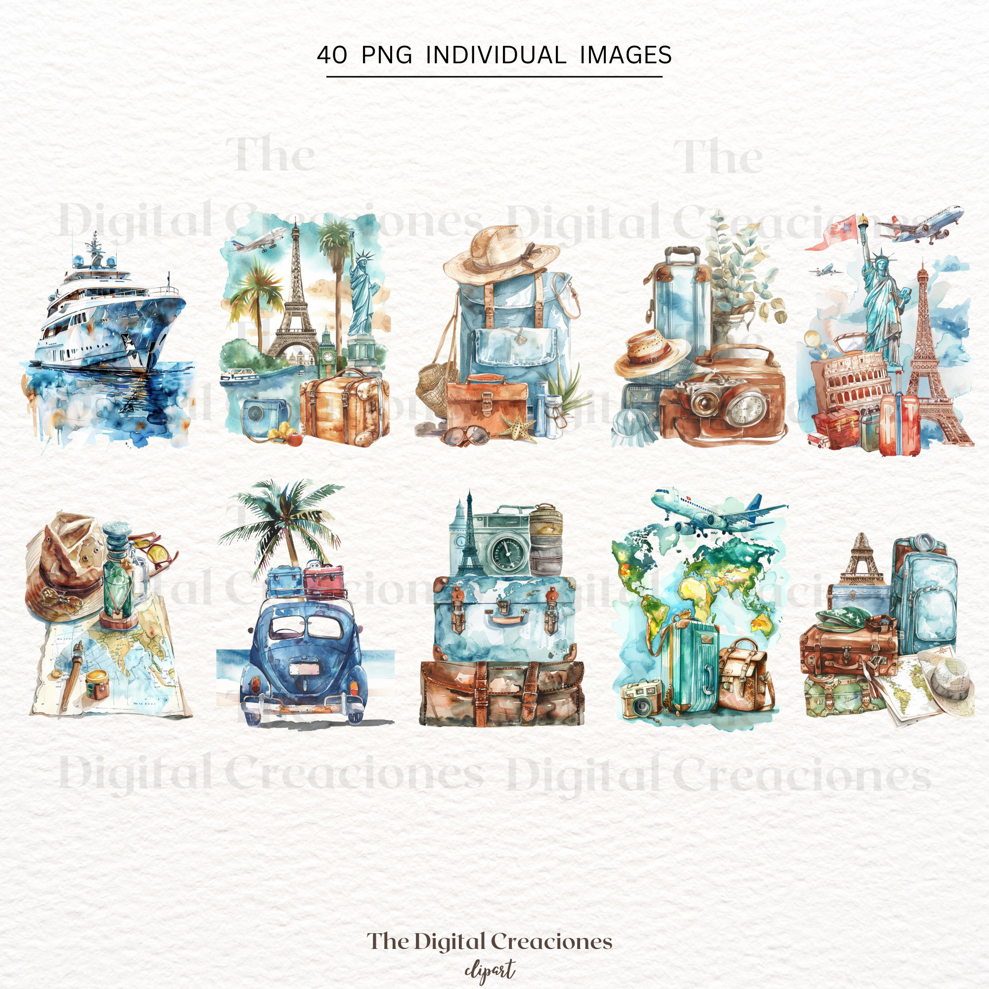 40 Watercolor Travel Clipart Vacation Holiday Graphicssuitcase Luggage ...