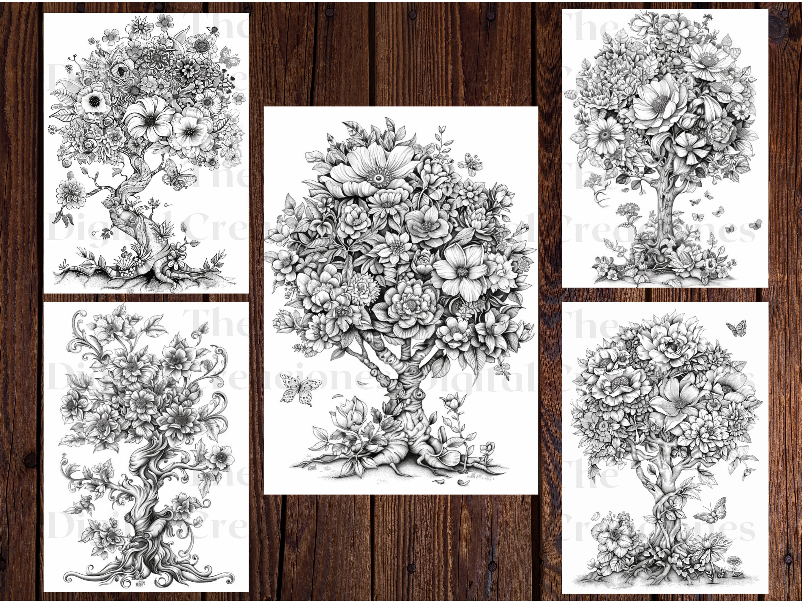 25 Floral Tree Coloring Bookprintable Enchanted Fantasy Tree Coloring ...