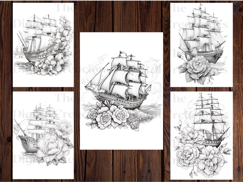 25 Blooming Ship Coloring Book |flower Ships Coloring Page|adults ...