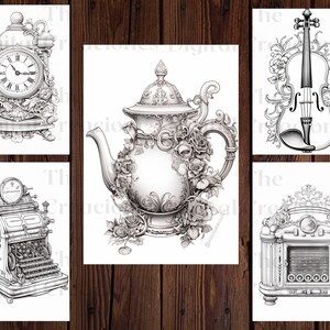 Vintage Objects Coloring Book | Blooming Antiques, Floral Designs ...