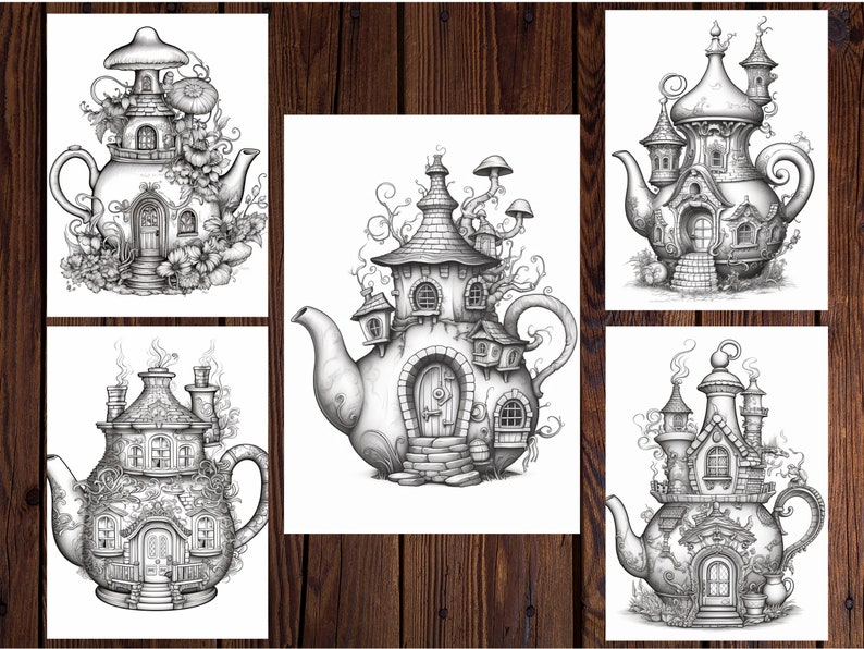 25 Tea Pod House Coloring Book whimsical Teapot Fairy House Coloring ...