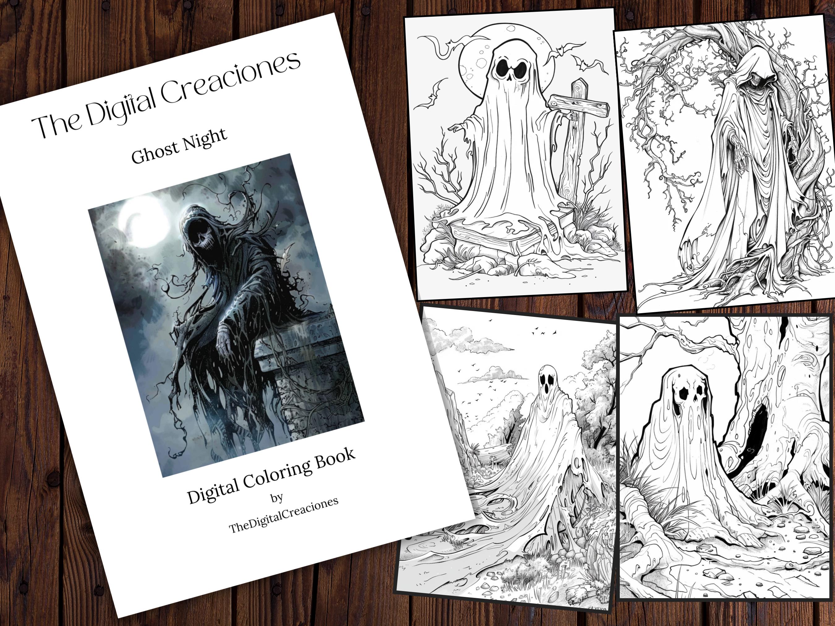 25 Ghost Night Coloring Book for Adults and Kids, Spooky Designs ...