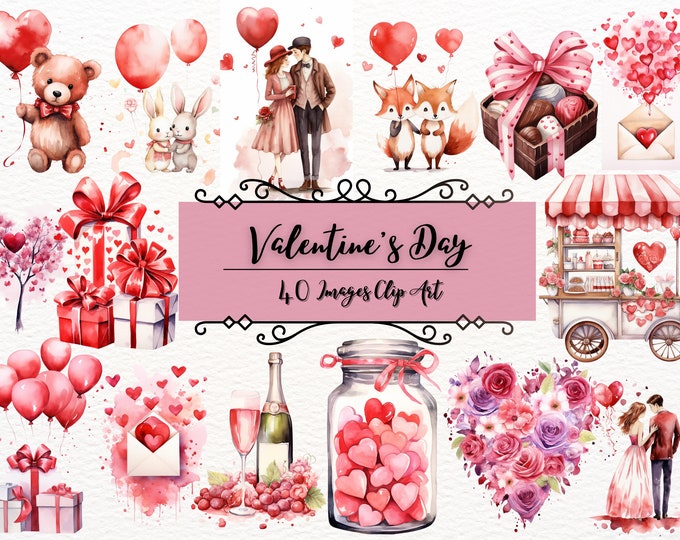 Watercolor Valentines Day Love Clipart. Hand Painted Red and Pink ...