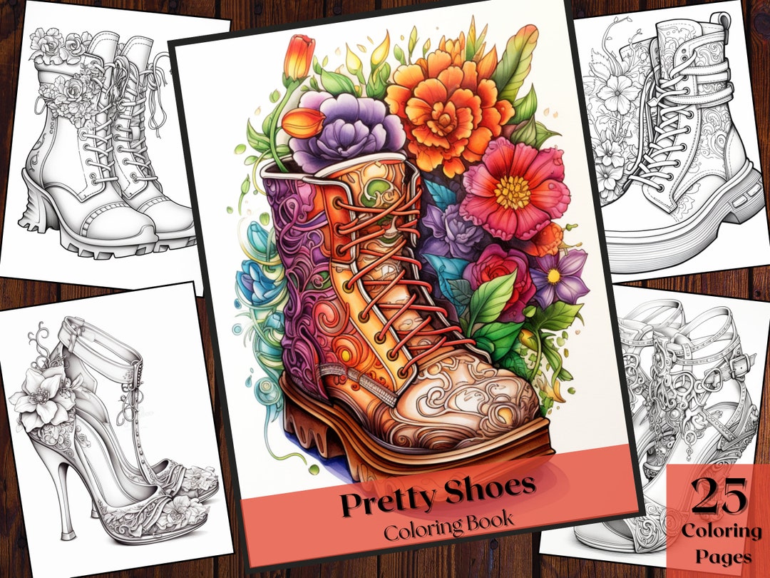 25 Pretty Shoes Coloring Book|blooming Shoes, Flower Book|adults and ...