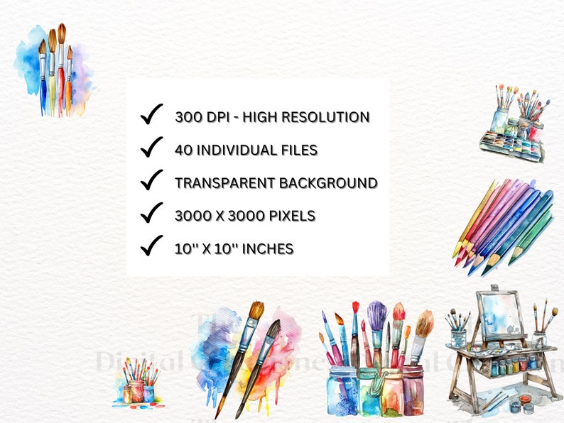 Watercolor Art Supplies Clipart | Painter Graphics (digital Download ...