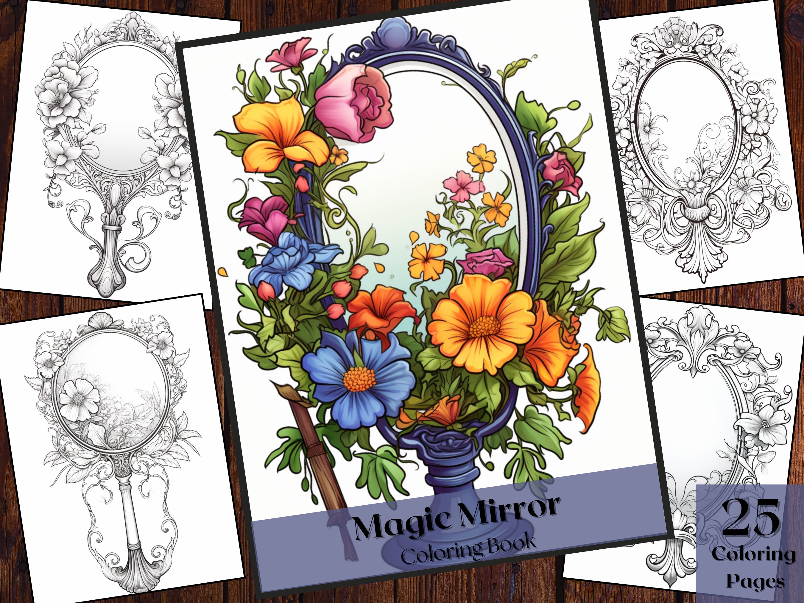 25 Magic Mirror Coloring Book |floral Mirror|enchanted Fantasy Coloring ...