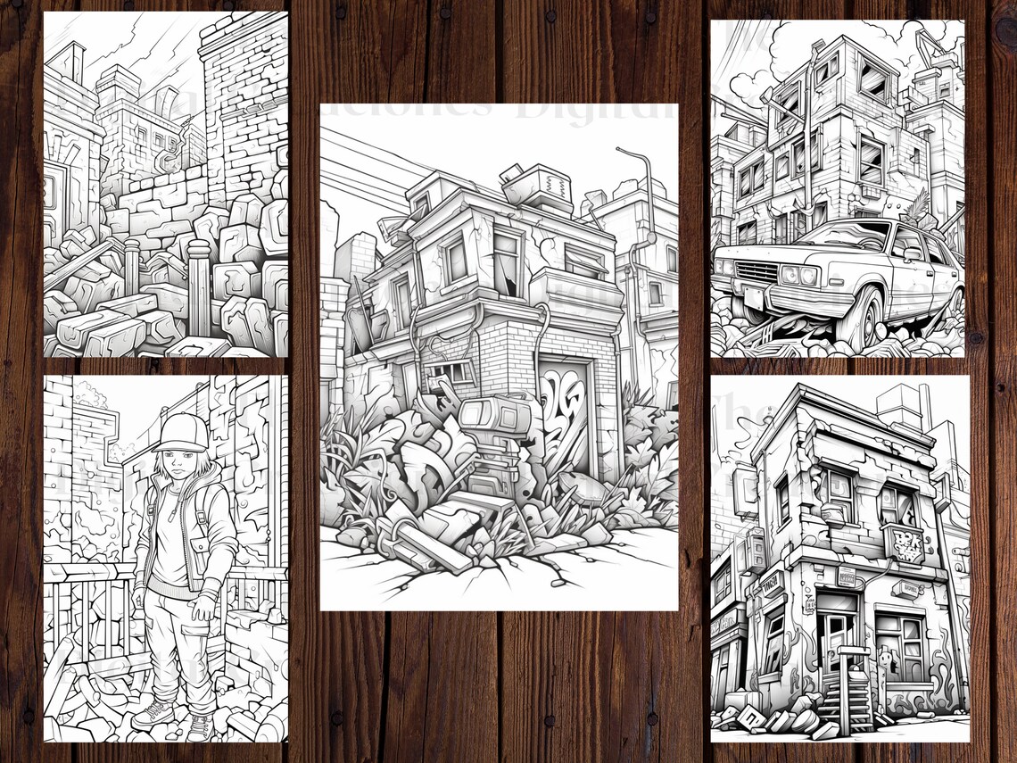 25 City Ruins Coloring Book | Cafe Scenes Coloring Pages| Street ...