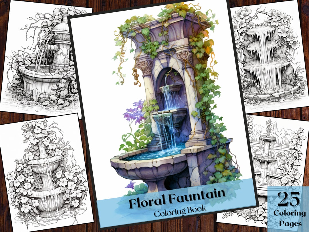 25 Floral Fountain Coloring Book|blooming Fountain |secret Garden ...