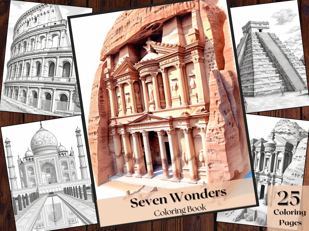 25 Seven Wonders Coloring Book Taj Mahal World Monumentsadults and Kids ...