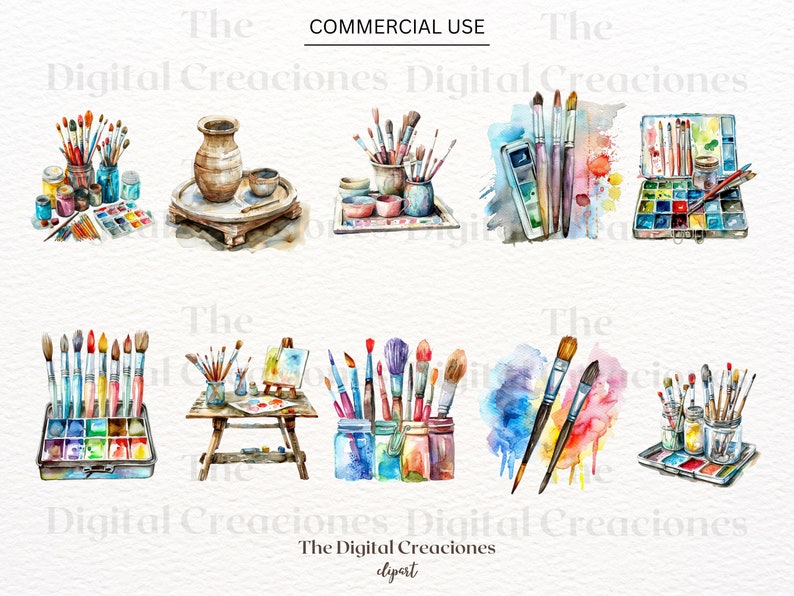 Watercolor Art Supplies Clipart | Painter Graphics (digital Download ...