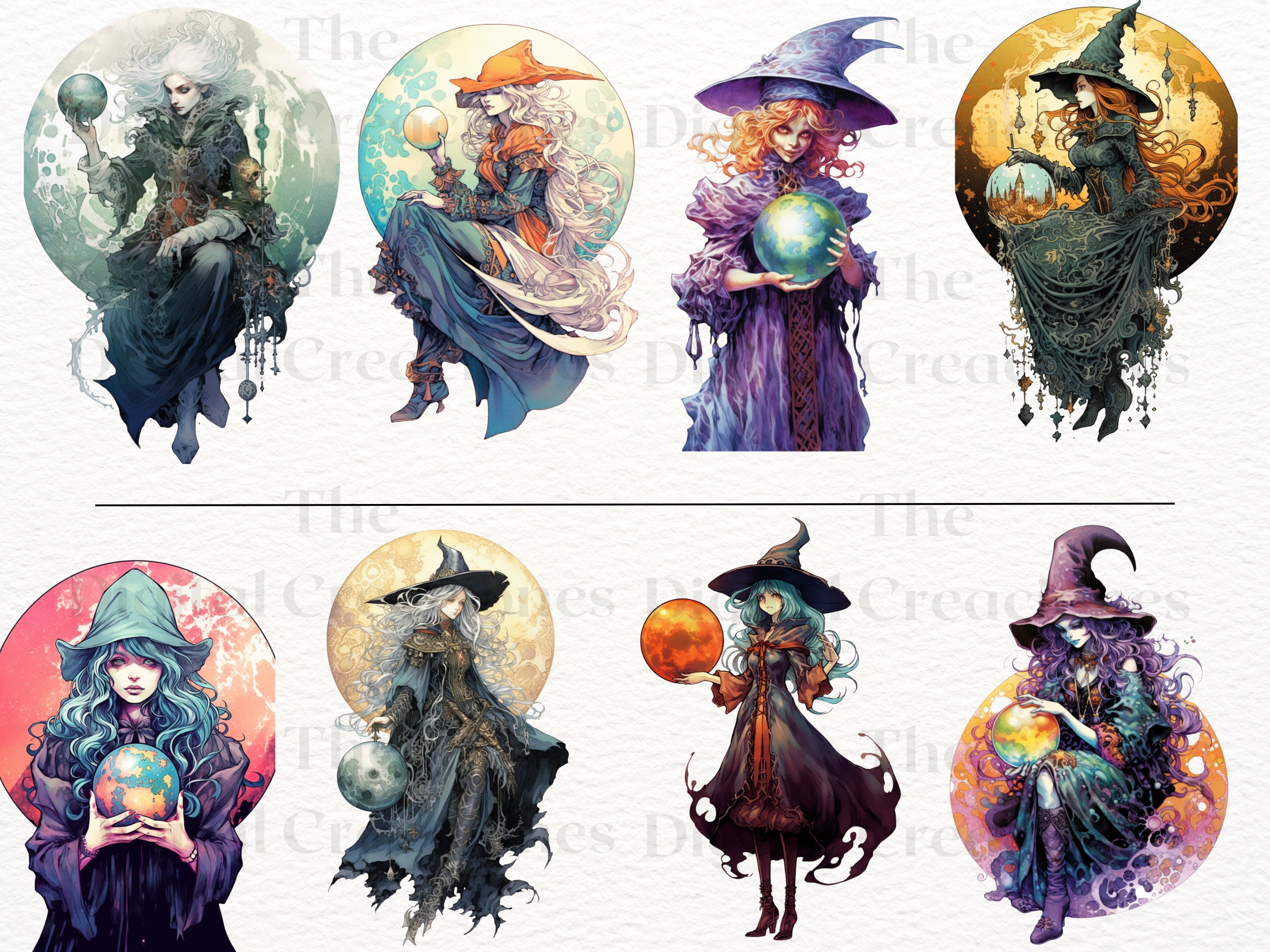 Witch Clipart Bundle| Moon Witches Watercolor Clipart Bundle|40 PNG ...