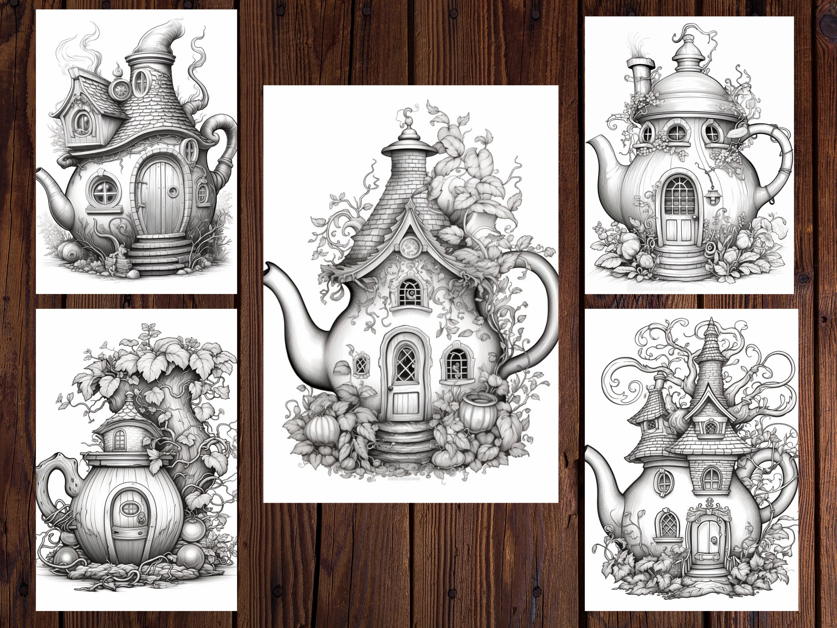 25 Tea Pod House Coloring Book whimsical Teapot Fairy House Coloring ...