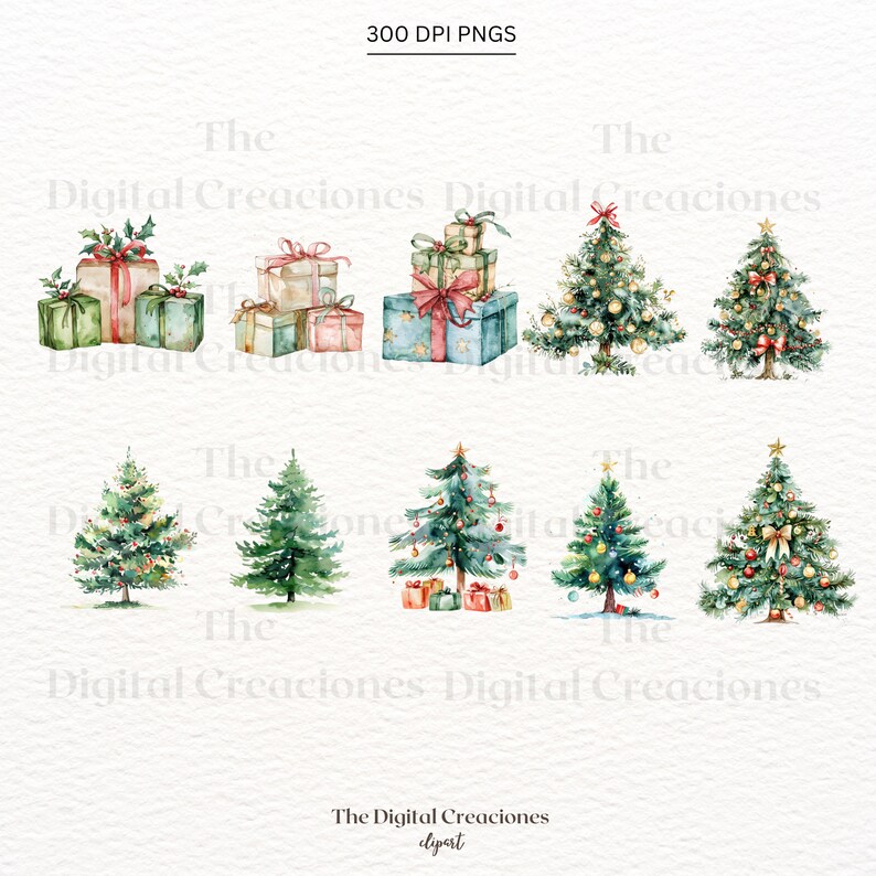 Watercolor Christmas Tree Clipart | Holiday Illustrations (PNG, Instant ...