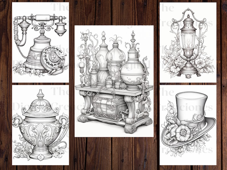 25 Vintage Objects Coloring Bookblooming Antiques Coloring Pages for ...