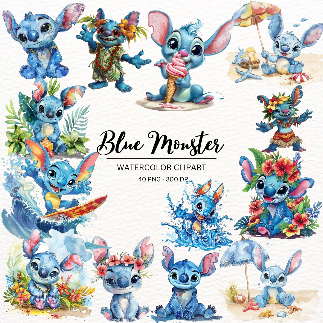 40 Blue Monster Stitch Splash and Watercolor Digital Design PNG |high ...