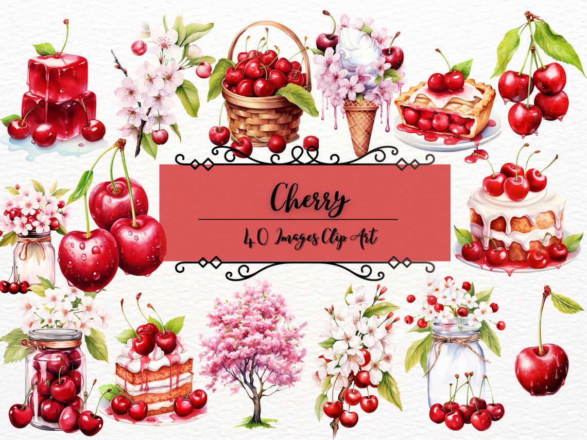 Cherry Clipart bundle-watercolor Clipart-40 Images Bundle PNG Format ...