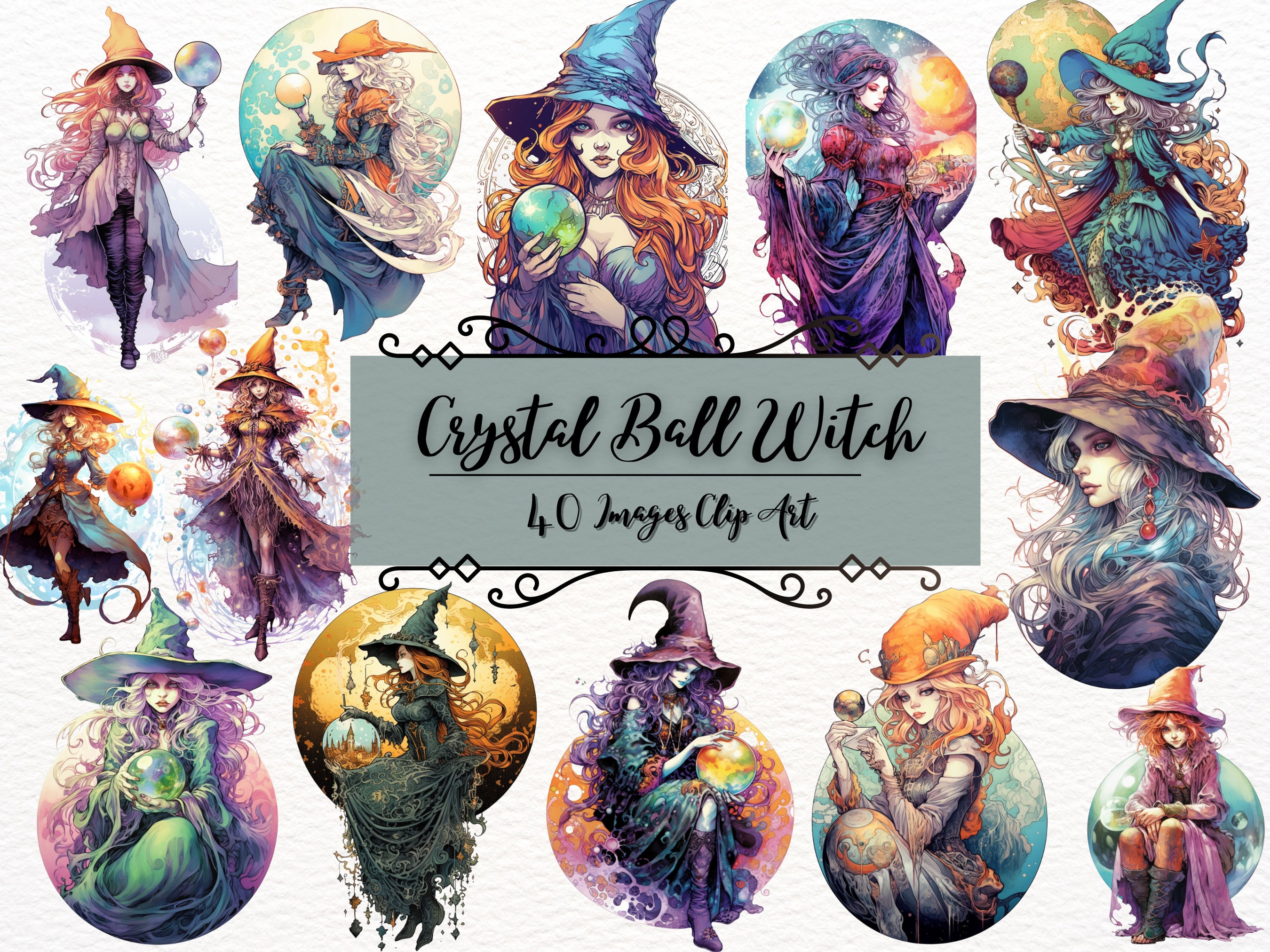 Witch Clipart Bundle| Moon Witches Watercolor Clipart Bundle|40 PNG ...