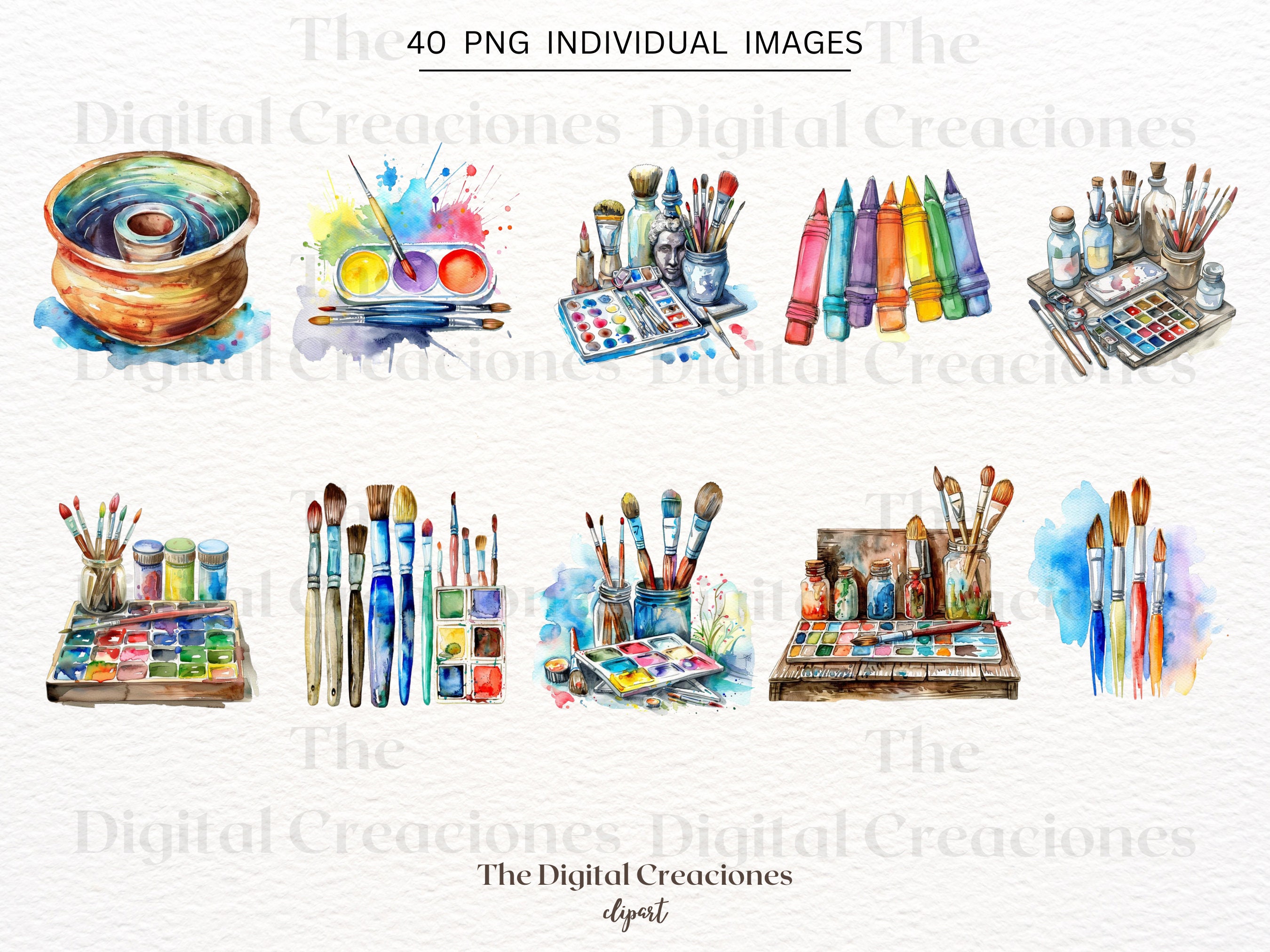 Art Supplies Watercolor Clipart Bundle40 PNG Artist Supplies ...