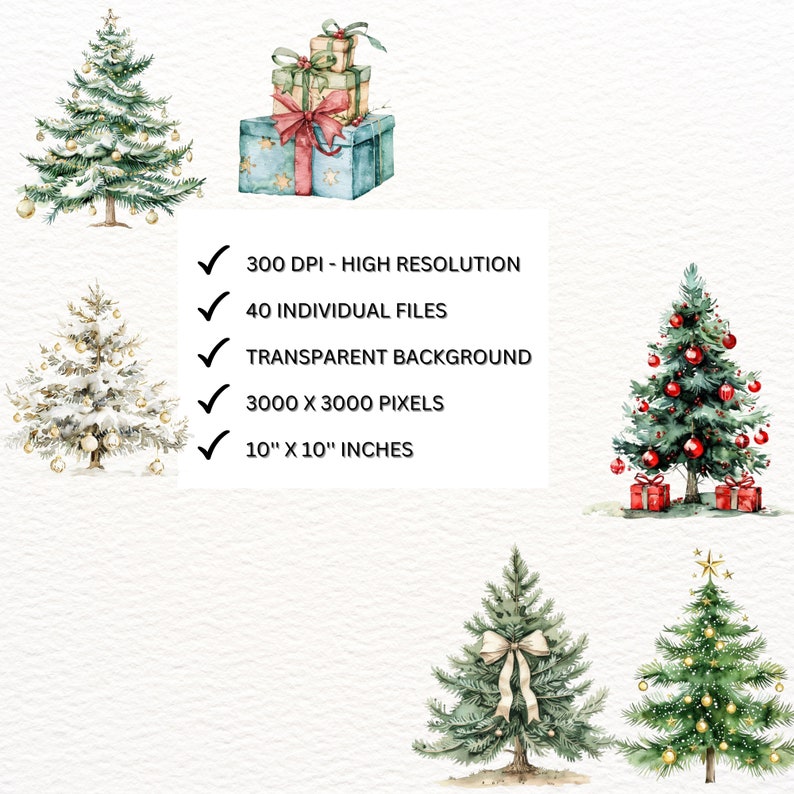 Watercolor Christmas Tree Clipart | Holiday Illustrations (PNG, Instant ...