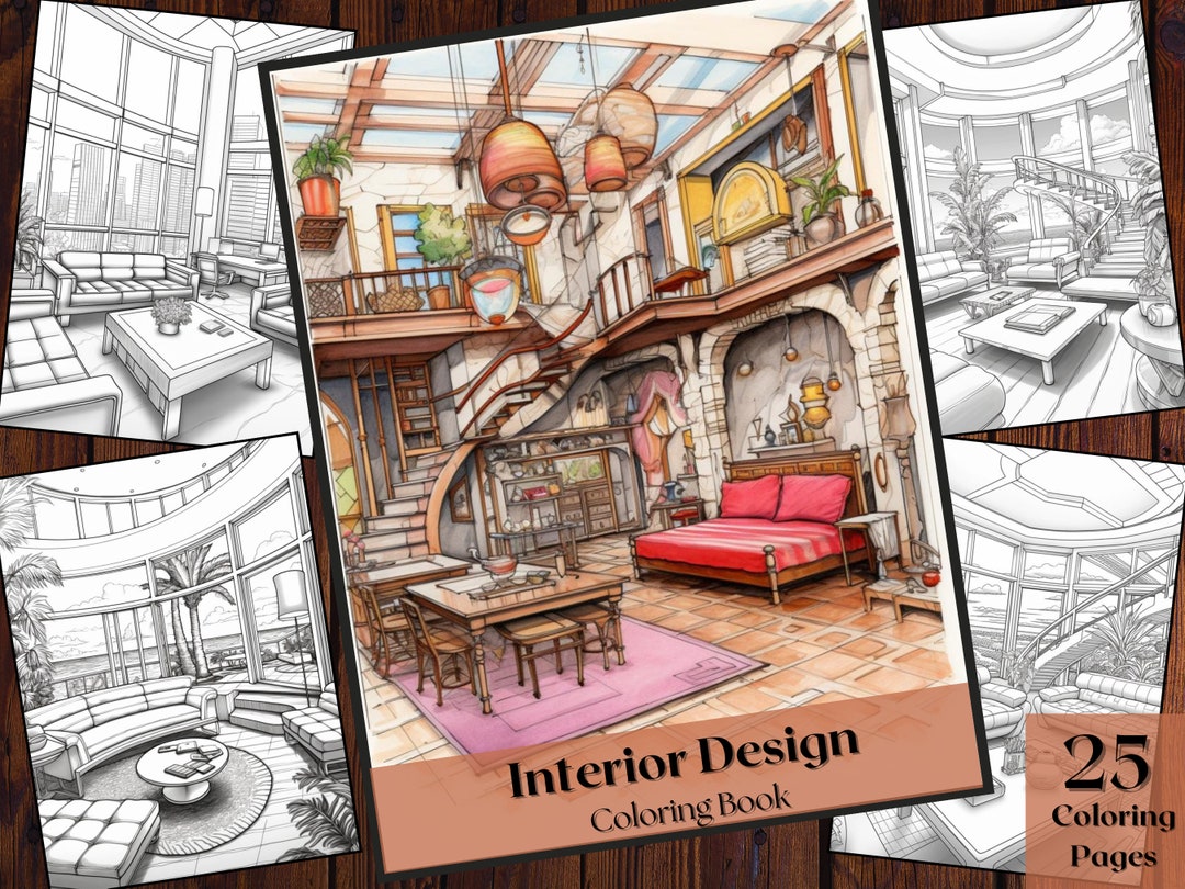 25 Interior Design Coloring Book|modern & Minimal Living Room Coloring ...