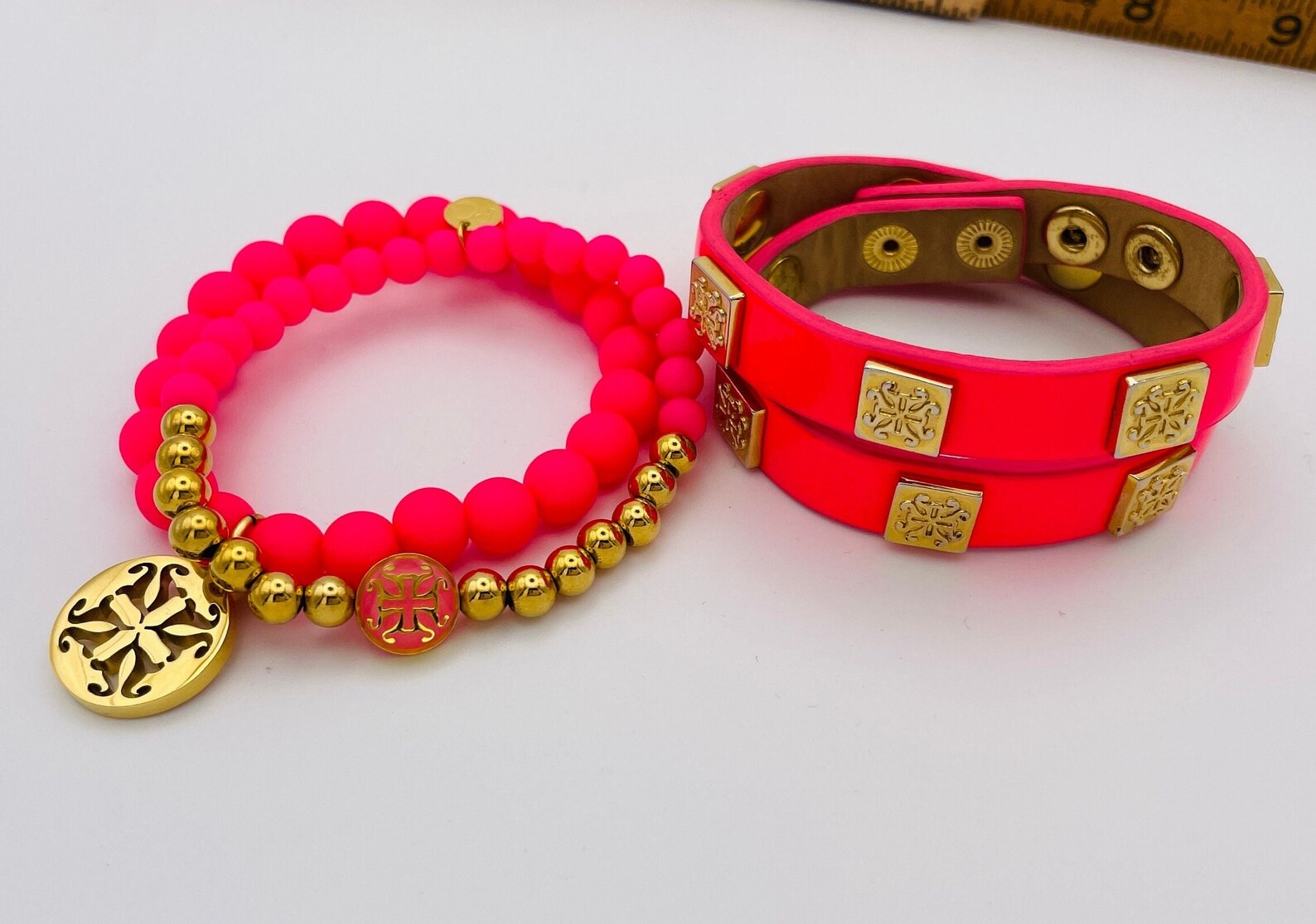 Three Rustic Cuff Bracelets Wrap Bracelet Hot Pink and Gold Tone ...