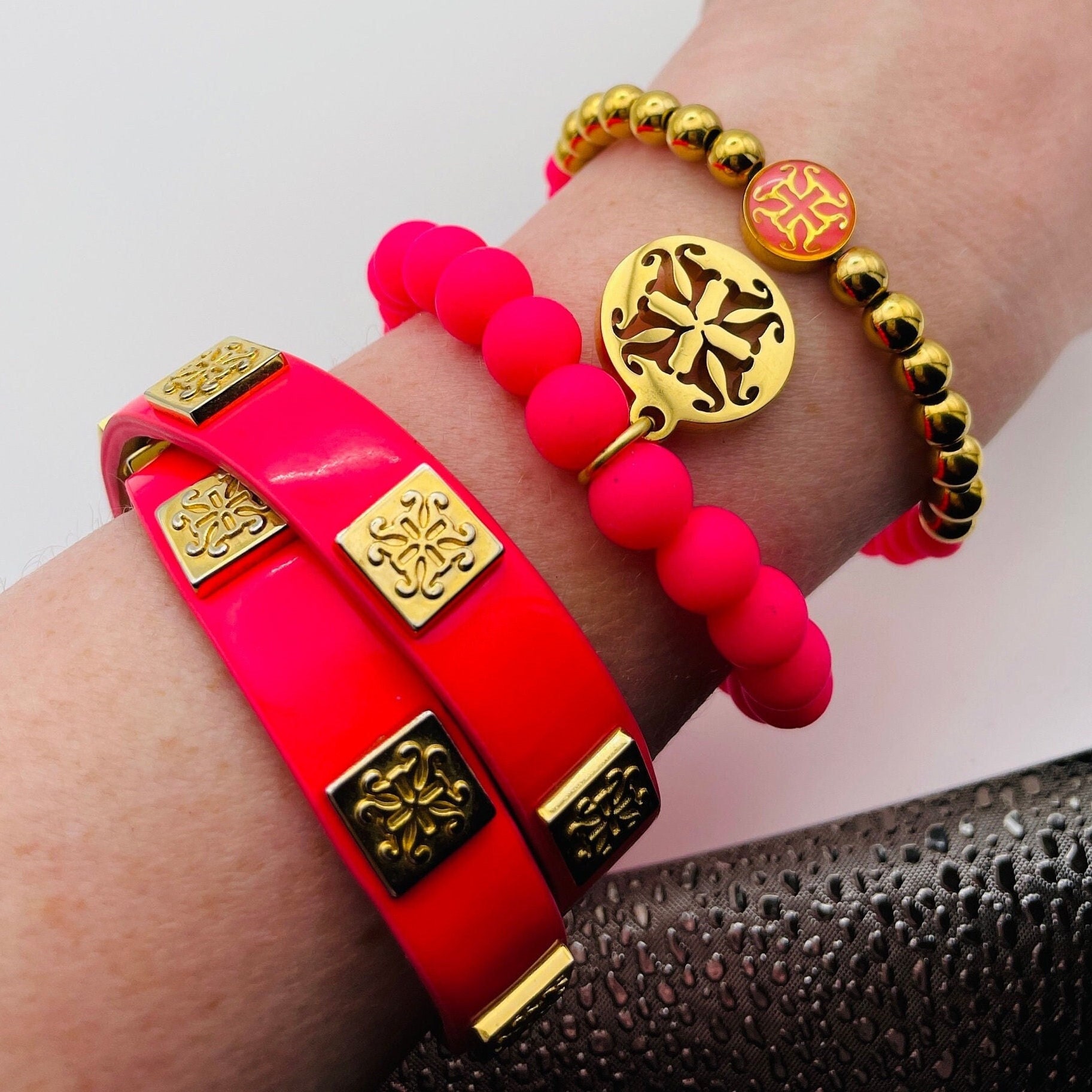 Three Rustic Cuff Bracelets Wrap Bracelet Hot Pink and Gold Tone ...