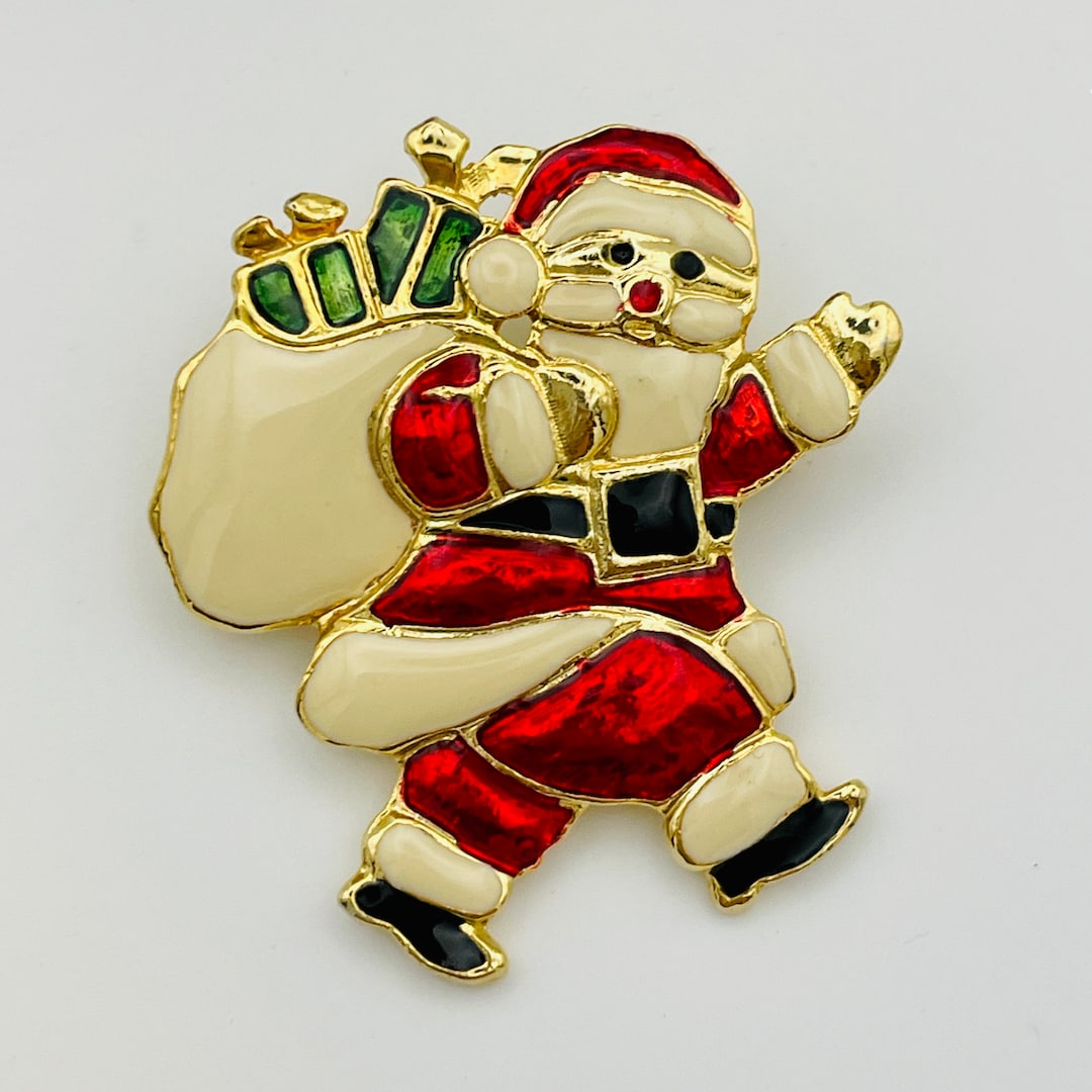 Vintage Santa Claus Brooch Christmas Pin Gold Tone and Colorful Enamel ...