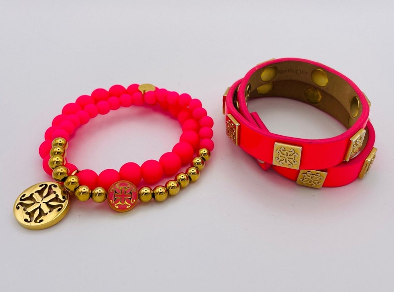 Three Rustic Cuff Bracelets Wrap Bracelet Hot Pink and Gold Tone ...