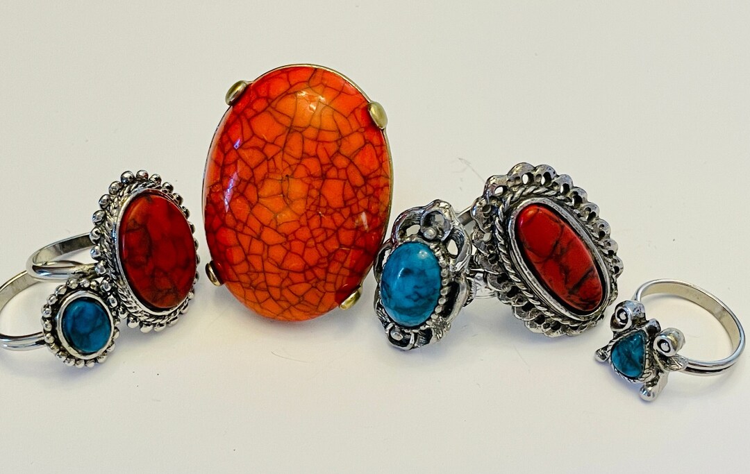 Western Rings Silver Tone and Stone Red Blue Rings Brightly Colored ...