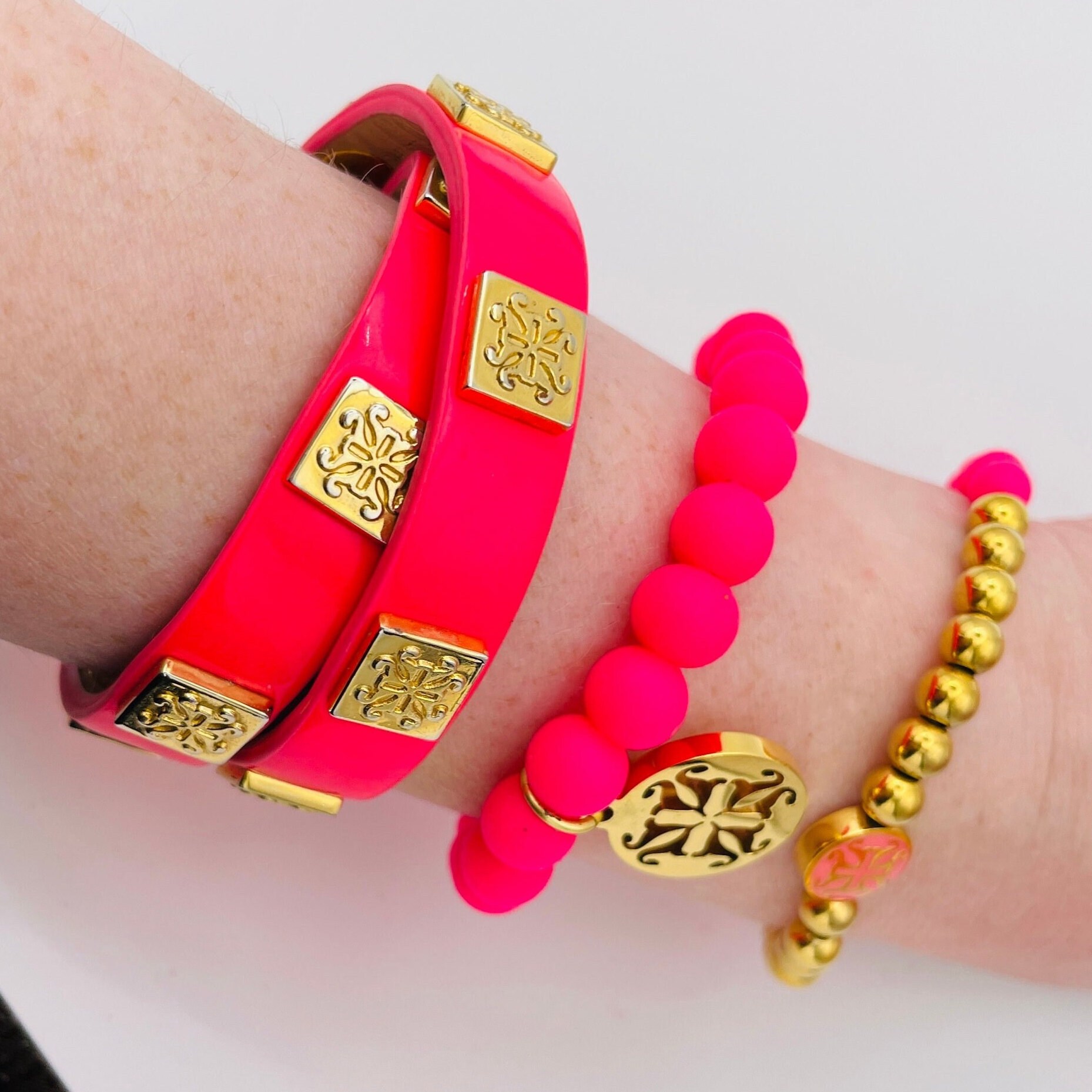 Three Rustic Cuff Bracelets Wrap Bracelet Hot Pink and Gold Tone ...
