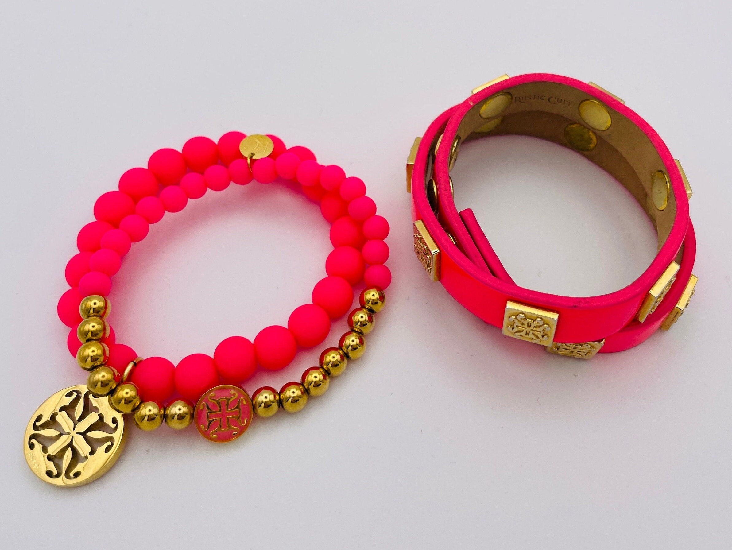 Three Rustic Cuff Bracelets Wrap Bracelet Hot Pink and Gold Tone ...