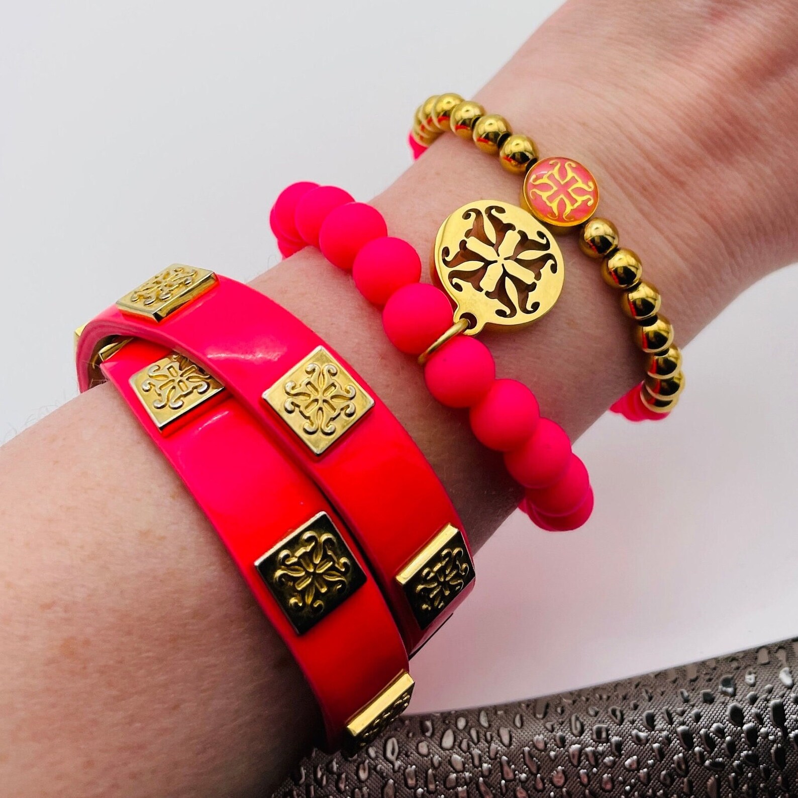 Three Rustic Cuff Bracelets Wrap Bracelet Hot Pink and Gold Tone ...
