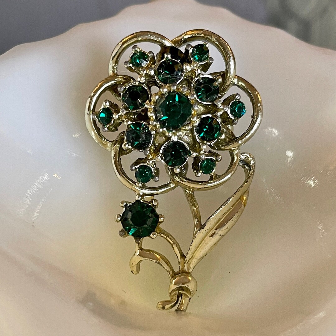 Emerald Green Brooch Flower Vintage Brooch Floral Brooch Spring Brooch ...